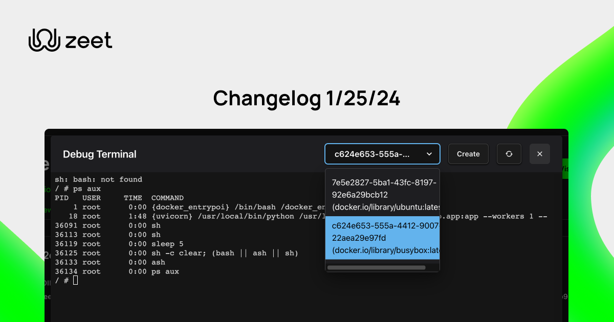 Changelog 1/25/24 - Debug Containers, Project Types, Cluster Ejection, and more! | Zeet.co